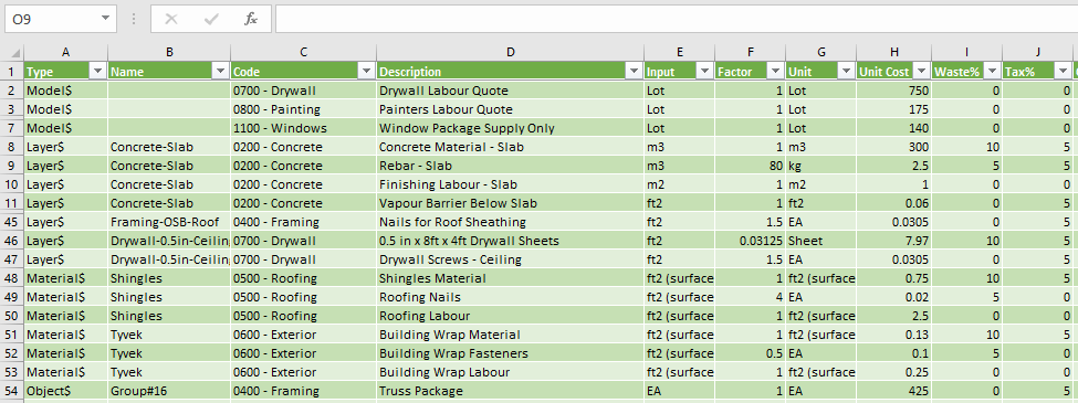 Modify Cost Data using Excel – mind.sight.studios